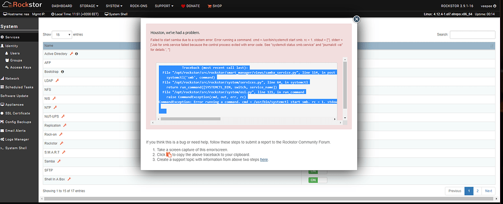 !Failed to start samba due to a system error: Error running a command. cmd - Support - Rockstor ...