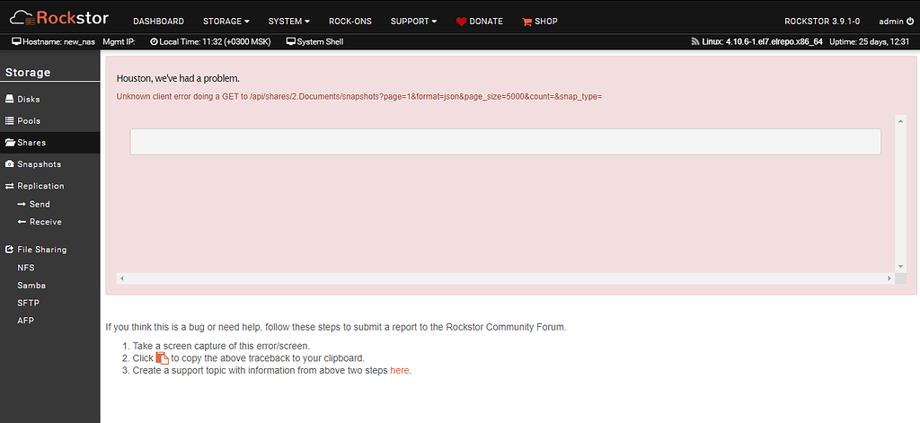 Unknown client error - Support - Rockstor Community Forum