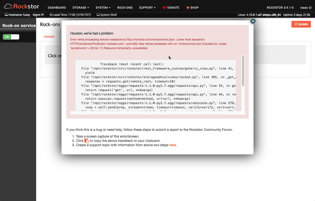 Error while processing remote metastore at http://rockstor.com/rockons/root.json. Lower level ...