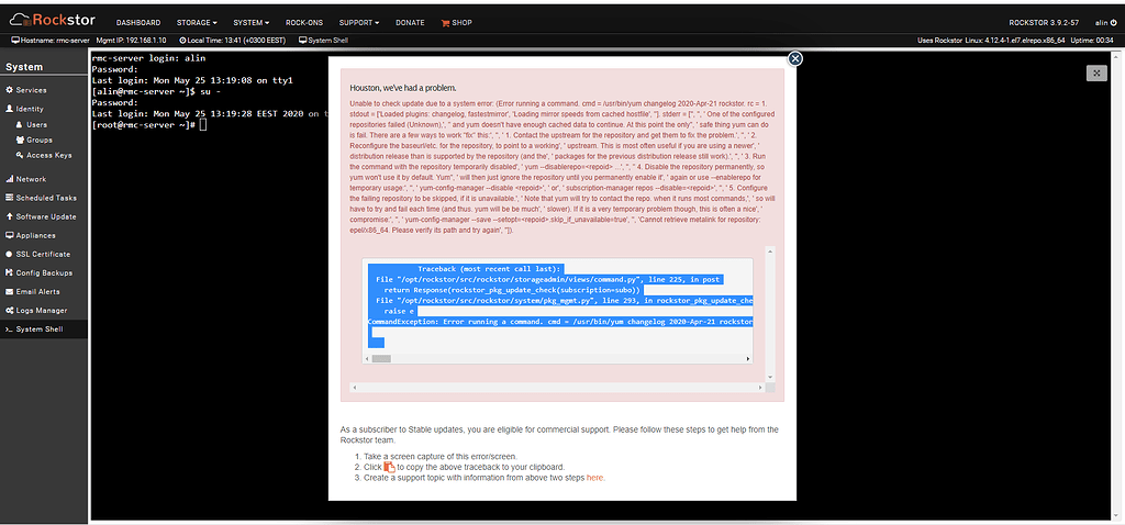 Unable to check update due to a system error: (Error running a command. cmd - Support - Rockstor ...