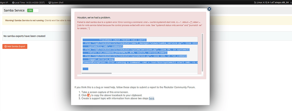 Failed to start samba due to a system error - Bugs - Rockstor Community Forum