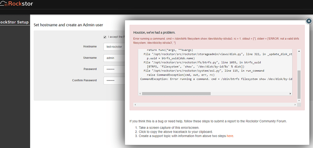 1-30-19: On new VM install: Error running a command. cmd = /sbin/btrfs filesystem show /dev/disk ...